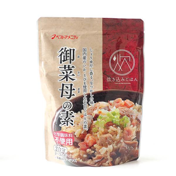 製品総量中に国内産いか9.7％、国内産えび7.8％使用。愛情たっぷりで具だくさんのおふくろの味をイメージした炊き込みごはんの素です。魚介のうまみとだしの風味をお楽しみください。おこわ・おにぎり・雑炊などにして美味しくお召し上がりいただけます...