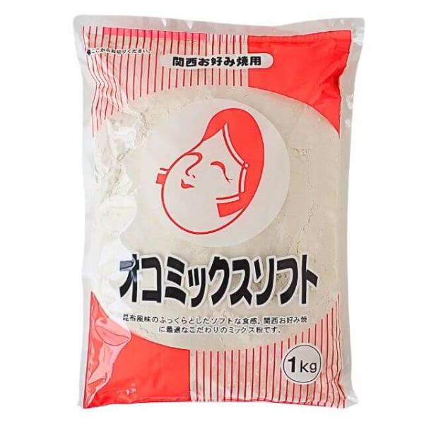 関西お好み焼用のミックス粉です。キャベツの甘みが引き立つよう昆布風味を前面に出した味付けになっています。ふっくらとしたソフトな食感に仕上がります。【配合の目安】1枚分：オコミックスソフト30g、水50cc、（山芋パウダー1.5g）約35枚分...