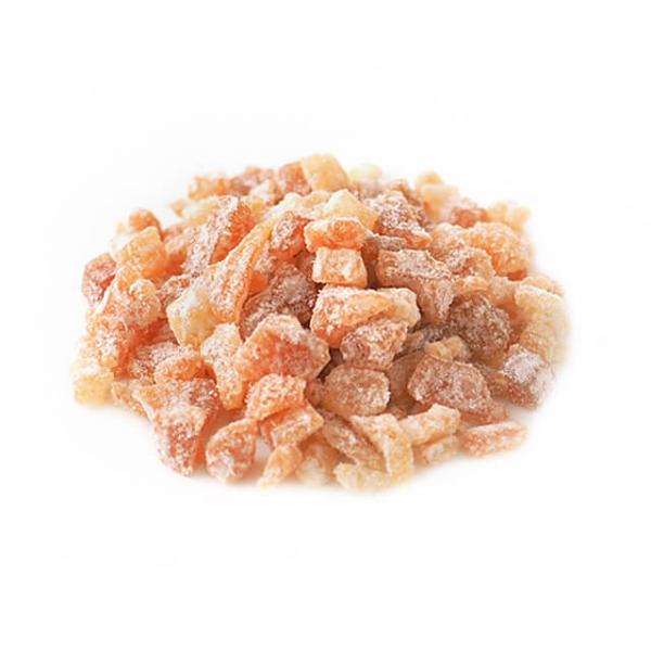 リンゴを糖漬け後、乾燥させてあります。糖度が高く水分活性が低いため、チョコレートやパン生地の練りこみに向いています。