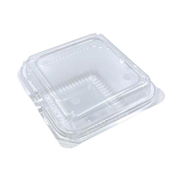 嵌合タイプのミニトマト容器。外嵌合(前二点嵌合)。底面フラット。横スリット。四つ穴有。