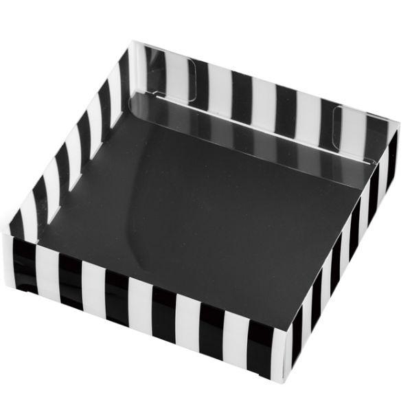 シンプルな白黒ストライプのPETボックスです。組み合わせ次第で高級感のあるギフトやカジュアルなギフトなど、幅広くお使いいただけます。高さが低くて天面がクリアなので、マカロンやアイシングクッキー、ハンカチ、ネクタイなど商品を綺麗に見せたいギフ...