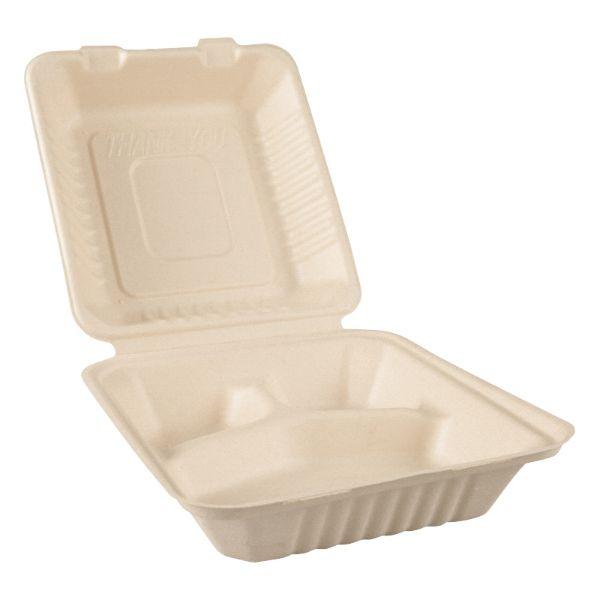 竹とバガス（サトウキビの搾りかす）の混合素材からできた、植物由来の業務用・使い捨てテイクアウトランチボックス。サイズや仕切りの違いで13種類展開。お惣菜など軽食からパスタなどしっかりめのランチまで幅広く活用できます。耐油耐水性、電子レンジに...