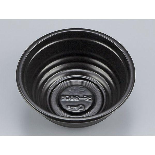 電子レンジで温め可能などんぶり容器です。耐熱性・断熱性・保温性・耐油性に優れています。黒柄は料理の盛り付け時や、デリバリー配送・テイクアウトの際のタレの飛び散りなどを目立ちにくく、美しい見た目を保ちます。内容量：310g。蓋は別売り。