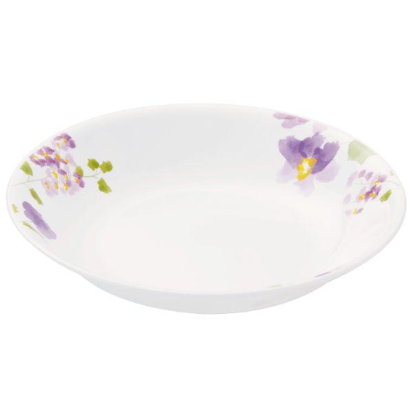 水彩で描かれた紫やピンクの花模様が特長。かわいらしさとエレガントさを兼ね備え、食卓を彩ります。軽くて薄い！扱いやすく、省スペース。独自の三層構造のガラスで割れにくい。なめらかな表面なのでお手入れカンタン。食器洗い乾燥機OK。オーブン・電子レ...