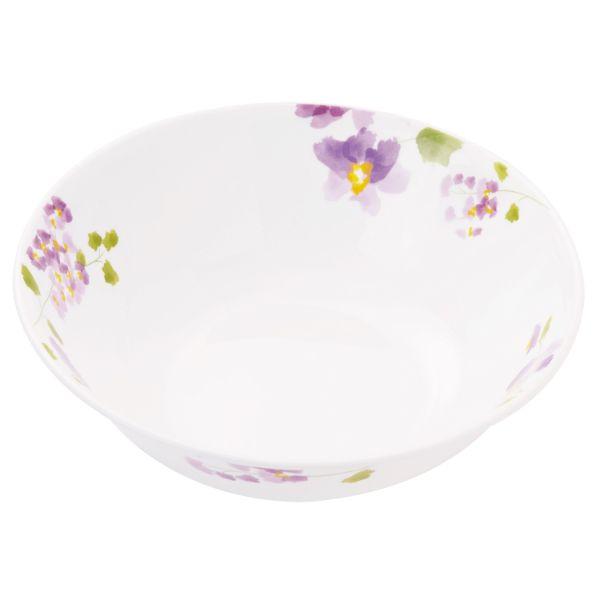 水彩で描かれた紫やピンクの花模様が特長。かわいらしさとエレガントさを兼ね備え、食卓を彩ります。軽くて薄い！扱いやすく、省スペース。独自の三層構造のガラスで割れにくい。なめらかな表面なのでお手入れカンタン。食器洗い乾燥機OK。オーブン・電子レ...