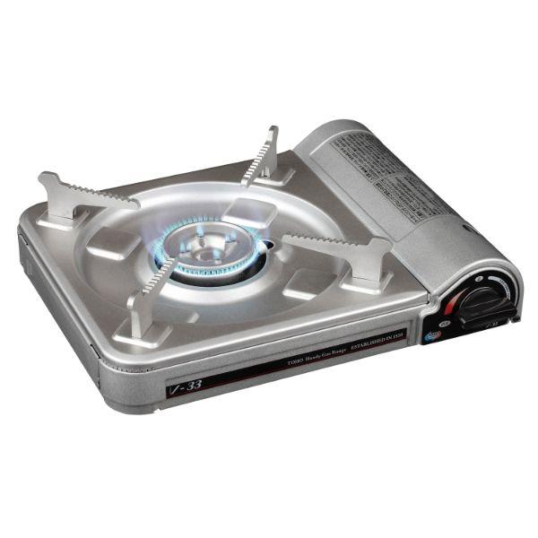 基本性能重視設計のカセットガスコンロ。3.3kW(2800kcal/h)の高火力。火力安定装置採用(ヒートパネル)。軽量アルミニウム合金汁受け。簡単脱着マグネット方式採用。