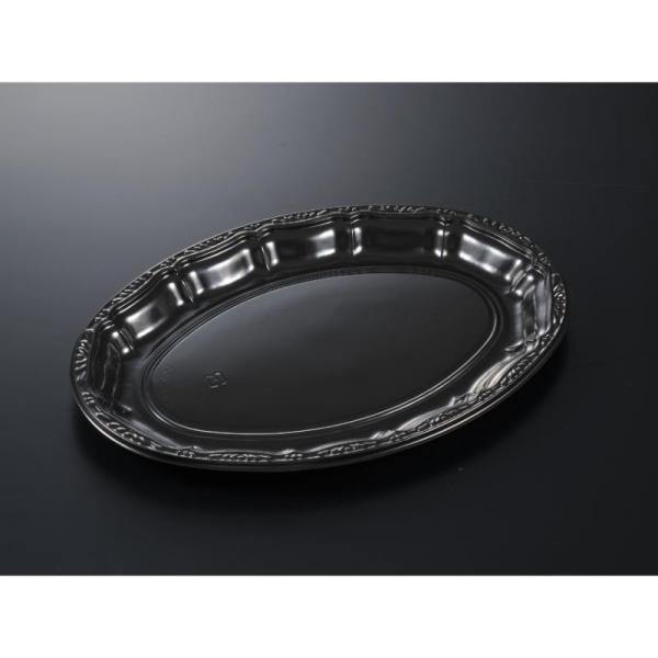 黒でシンプルな色合いの再生材を活用としたオードブル容器です。 。390×275×25mm