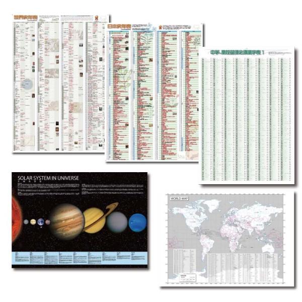 Fukanその他5点セット11 ふかん学習ができる学習ポスターの5点はいったお得なセットです□　A2サイズ（420× 594mm）　フルカラー版ポスター　厚紙光沢紙　　　 139世界史年表 140日本史年表 144太陽系宇宙 260世界地図...