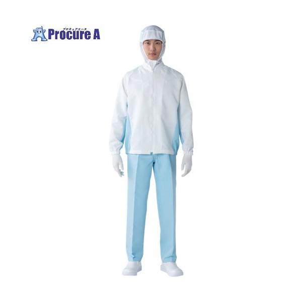 ●色：ホワイト／ブルー●サイズ：3L●着丈(cm)：72●適合胸囲(cm)：126●ISO Class：8●クリーンパック有無：無し●タイプ：ポリエステル100％スタンドカラー身体側にブルーの配色サイズ：S〜5Lセンターファスナー袖口にブル...