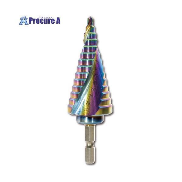 ●段幅(mm)：4.3 ●段数(段)：14●シャンク径(mm)：六角軸 6.35●穴あけ寸法(φ)：4-30●全長(mm)：97●表面処理：極光コーティング(炭窒化アルミニウムチタン)●シャンク形状：六角軸