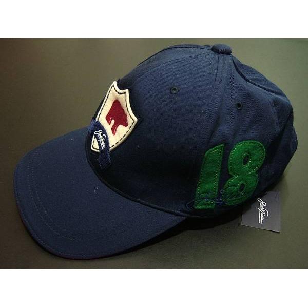 ■新品 タグ付■定価6900円■日本製■ジャックニクラウス JackNicklaus■ロゴ等に刺繍を施しています■フリーサイズ■後部に長さ調整ベルト付き■本体 綿100％ アジャスター部分 牛本皮革レザー■カラー 紺系