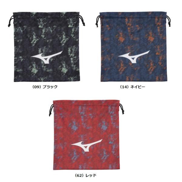 ☆グラブ、スパイク、手袋などを収納できる柄入りマルチ袋。■品番：12JYCX76■サイズ：縦38cm×横35cm■素材：ポリエステル100%■カラー：（09）ブラック（14）ネイビー（62）レッド