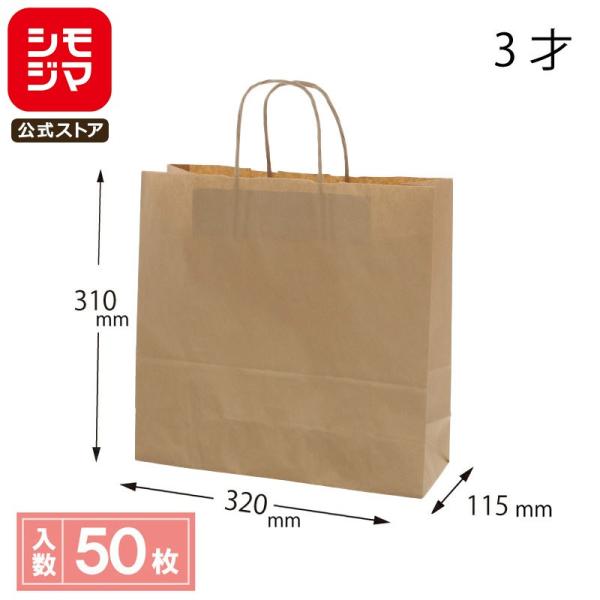 ●メーカー名：株式会社シモジマ●JANコード：4901755343786　シモジマコード：003251000●備考：サイズ:幅320×マチ115×高310mm材質:未晒クラフト紙80g〇手紐:丸紐未晒〇入数:50枚〇プレーンなクラフト紙の手...