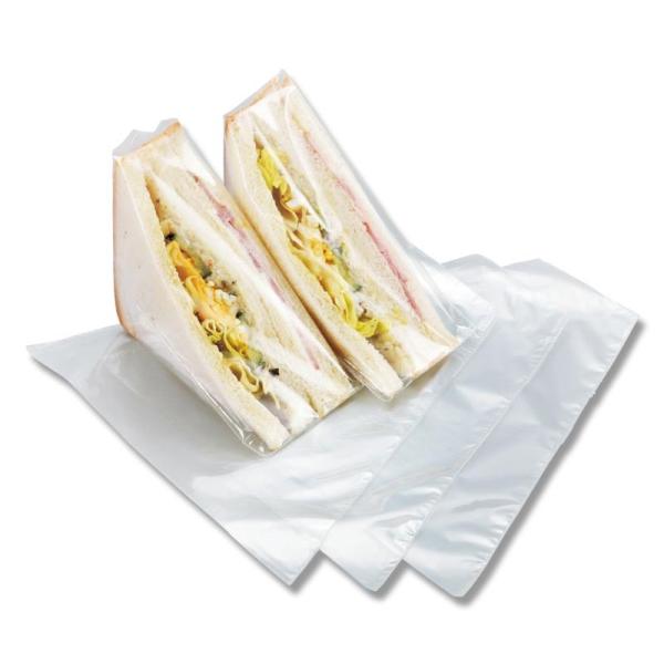 ●食品衛生法規格基準適合商品●JANコード：4901755445978●備考：サイズ：厚0．025×幅80×全体幅210×高200mm　材質：IPP○三角型サンドイッチ専用の無地ポリ袋です。○サンドイッチの厚みを見越して台形のシルエットにな...