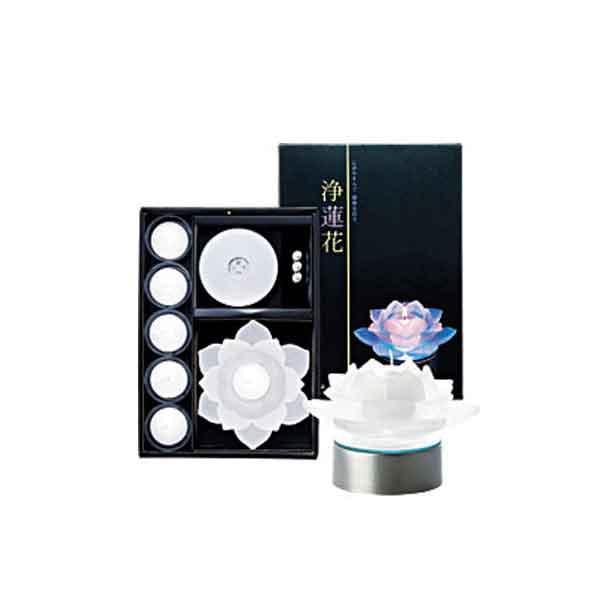 【お取り寄せ品※１週間〜】■仕様■燃焼時間：約５時間30分小函寸法：W245×L145×H63mm重量：840gセット内容：浄蓮花フロストホワイト（１個）、クリアカップボーティブ４（6個）、ルミナスコースターS（1個）、単４電池（３本）