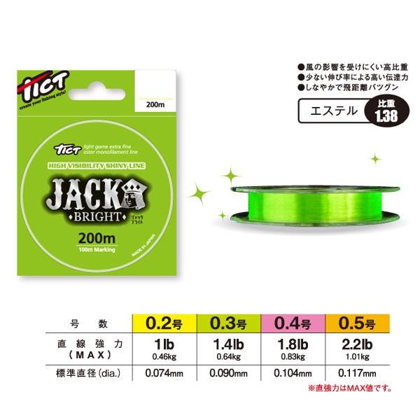 tict JACK BRIGHT今やアジングのど定番ともなったエステルに、"高い視認性"と"しなやかさ"をプラス！あらゆる状況において見えやすいカラーリング、また、特殊染料によって糸表面から光を集光し、明るい彩度で輝き放つ。 狭いポイントで...