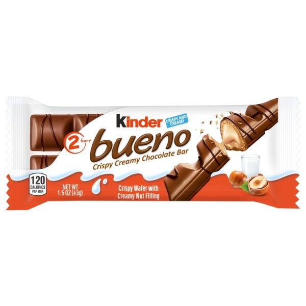 キンダー ブエノ チョコレート ヘーゼルナッツバー 2本入りです。1本ずつ個包装されています。 サクサクとしたウエハースの中に、なめらかなヘーゼルナッツクリームを閉じ込め、ミルクチョコレートとダークチョコレートで仕上げた独特の味わいが特長で...