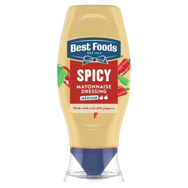 リアルチリペッパーを使用したスパイシーな味わい。手軽に使えるスクイーズボトル入り。コレステロールフリー（1食あたり脂質4g）、人工香料不使用、トランス脂肪酸・飽和脂肪不使用。サンドイッチやラップ、バーガー、ディップ、サラダはもちろん、寿司に...