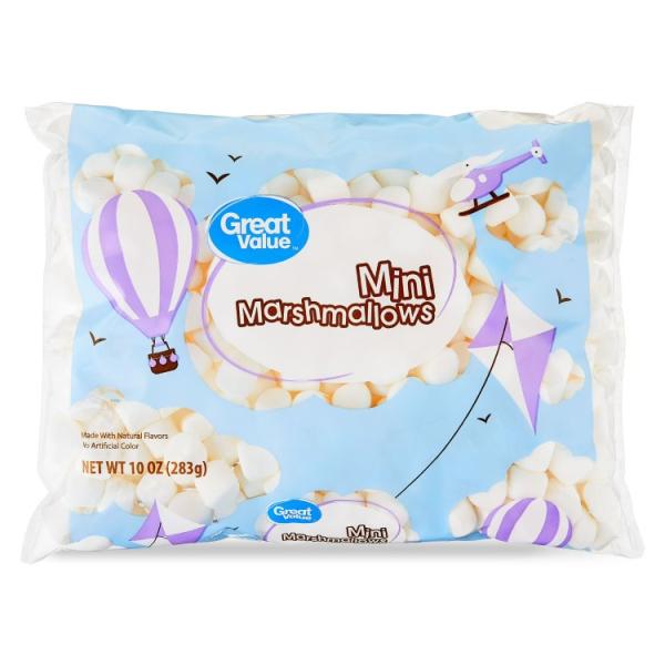 グレートバリュー ミニマシュマロ 約283g（10オンス）。 ふんわり軽い食感と甘い味わいが楽しめるミニサイズのマシュマロです。 ホットココアのトッピングや、お菓子作り、ベーキングにおすすめ。 ブラウニー、クッキー、ライスシリアルバーなどの...