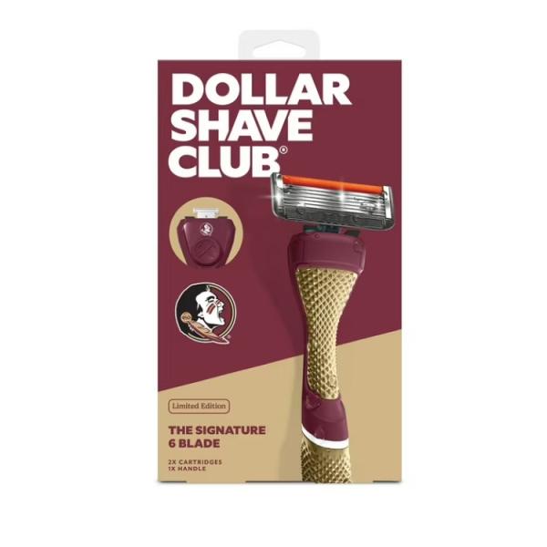 ダラーシェーブクラブ FSU セミノールズ メンズカミソリ 6枚刃 リミテッドエディション スターターセット 本体1本 替刃2個入り。チームカラーをあしらった限定デザインのハンドルは、360°ダイヤモンドグリップで滑りにくく操作しやすい仕様...
