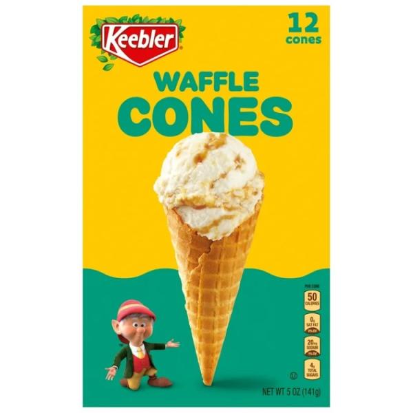 キーブラー ワッフルアイスクリームコーン（12個入り）は、アイスクリームを楽しく美味しく盛り付けられる、大きめサイズのワッフルコーンです。クラシックなアイスコーンの模様が施されたサクサク食感のコーンは、ゴールデンブラウンに香ばしく焼き上げら...