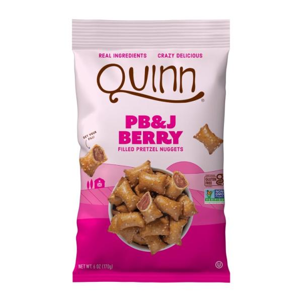 クインのグルテンフリーPB＆Jベリー入りプレッツェルナゲットは本物の材料で作られており、とても美味しいです 定番のPB&amp;Jフレーバーを、植物由来のスナックでお楽しみください カリカリのプレッツェルの外側には、サクサクの全粒ソルガムと...