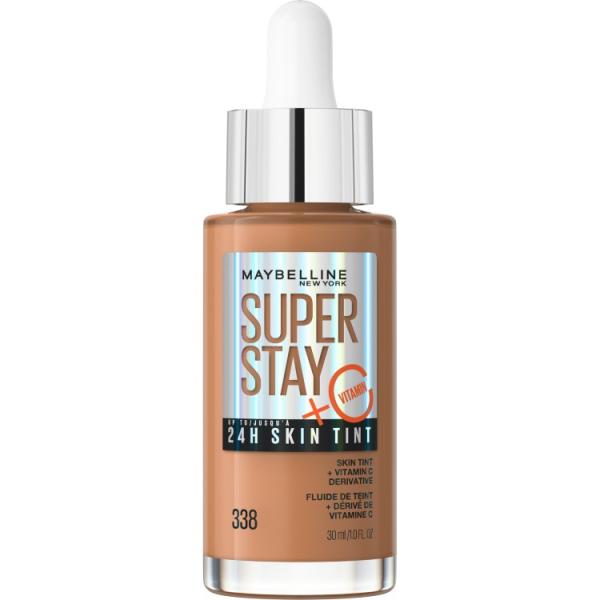 メイベリン スーパー ステイ 最長24時間 スキンティント ビタミンC配合 338 約30mL：ビタミンC配合のロングウェアスキンティント。明るく素肌のようなカバー感で、軽い使い心地ながら最長24時間仕上がりが続き、汗・湿気・色あせにも強い...