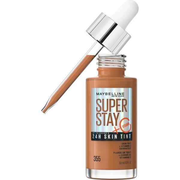 メイベリン スーパー ステイ 最長24時間 スキンティント ビタミンC配合 355 約30mL：ビタミンC配合のロングウェアスキンティント。明るく素肌のようなカバー感で、軽い使い心地ながら最長24時間仕上がりが続き、汗・湿気・色あせにも強い...