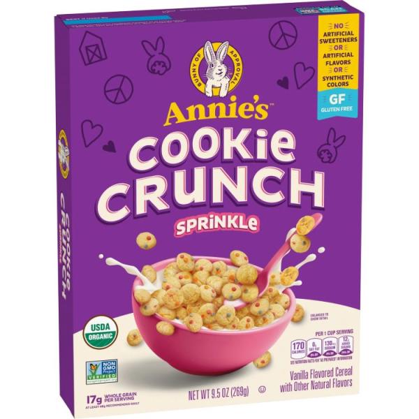 アニーズ クッキークランチ スプリンクル シリアルは、ミニクッキーの形をしたサクサク食感のシリアルです。バニラ風味のクッキー生地にカラフルなスプリンクルを合わせた楽しい見た目で、朝食やおやつの時間を彩ります。内容量は9.5オンス（約269g...