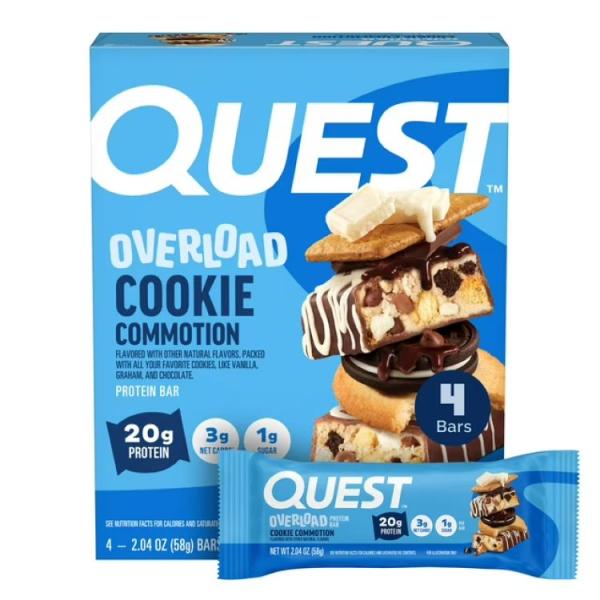 Quest クッキーコモーションバーは、チョコチップ、グラハムクッキーピース、ホワイトチョコチャンクなどを組み合わせたバーで、1本あたりたんぱく質20g・砂糖1g・ネット炭水化物3gに設計されています。シングルまたは4本入りボックスとして、...