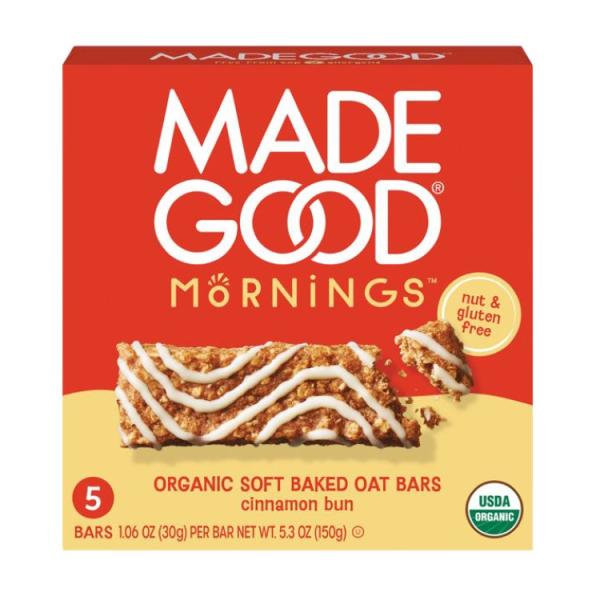 MadeGoodモーニングバー（シナモン風味）で、グルテンフリーかつ倫理的に調達したオーツとシナモンを使った朝食バーです。主要アレルゲンを含まない専用工場で製造され、6種類の野菜由来栄養素を配合したオーガニック・ヴィーガン・NON-GMOバ...