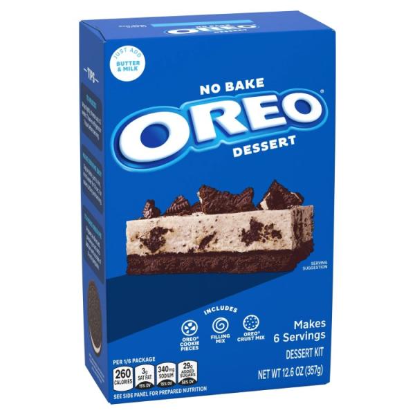 オレオクッキーを使用したノーベイクデザートキットです。チョコレートクッキーのクラストに、クッキー＆クリーム風味のフィリングとクッキーピースを組み合わせた仕上がりが楽しめます。オーブン不要で、バターと冷たい牛乳を加えるだけで手軽にデザートが作...