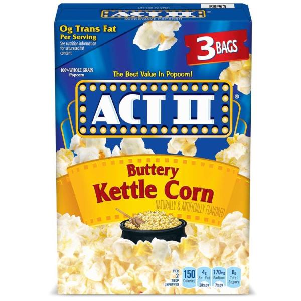 ACT II バタリー ケトルコーン マイクロウェーブ ポップコーン 2.75オンス 3袋入りです。塩味 甘み バター風味がバランスよく合わさった ケトルコーンタイプのマイクロウェーブ用ポップコーンです。 電子レンジで約2分温めるだけで 香...