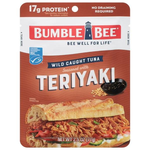 バンブルビー テリヤキ シーズンド ライトツナは、天然のカツオ（スキップジャック）を使用し、甘辛いテリヤキ風味で仕上げた便利なツナパウチです。 しょうゆを思わせるコクのある味わいに、ガーリック、青ねぎ、ごまの風味を加え、食欲をそそるおいしさ...