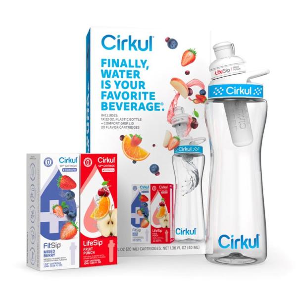 サークル フレーバーウォーターボトル スターターキット 650ml。 ボトル本体、グリップ付きキャップ、フルーツパンチとミックスベリーのフレーバーカートリッジ2種がセットになった、すぐに使い始められるキットです。 ダイヤル操作で風味の強さを...