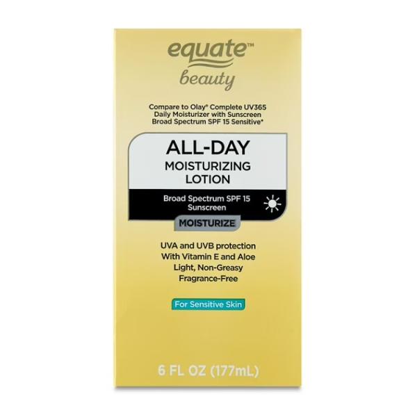 Equate ビューティー オールデイ モイスチャライジングローション 敏感肌用 SPF15 6fl oz（約177ml）敏感肌向けに設計されたやさしい処方で皮膚科医テスト済み。SPF15の広域スペクトラムでUVA/UVBから肌を守ります。...
