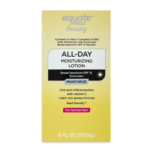 Equate オールデイ モイスチャライジング サンスクリーンローション ノーマル肌用 SPF15 6fl oz（約177ml）SPF15の広域スペクトラムで紫外線から肌を守る保湿ローション。ビタミンE配合。軽くベタつきにくい処方で、ノンコ...