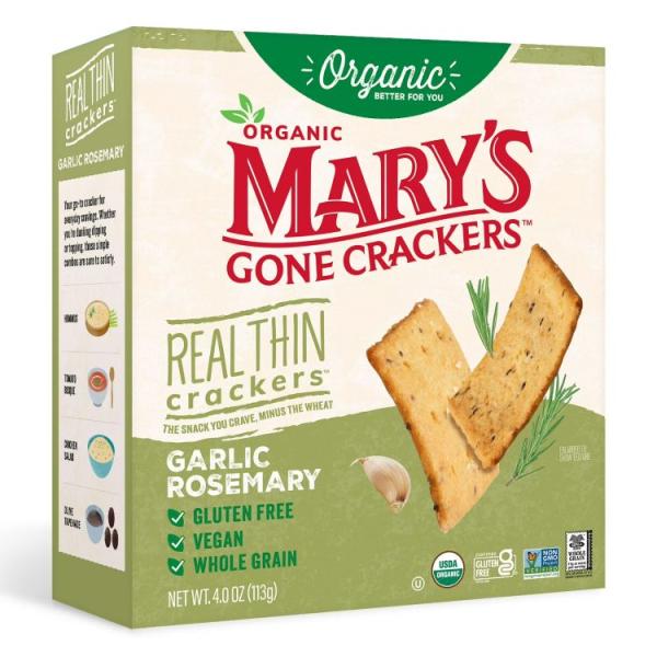 メアリーズ ゴーンクラッカーズ リアルシン ガーリックローズマリー オーガニック認証・グルテンフリー・Non-GMO・ヴィーガン・全粒穀物・コーシャ認証取得。品質と食事スタイルに配慮した薄焼きタイプのクラッカーです。 小麦を使用せず、持続可...