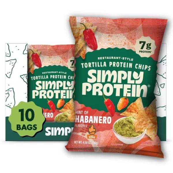 Simply Proteinの“Hint of Habanero”プロテイントルティーヤチップス10袋入りで、ハバネロの辛味をほのかに効かせたレストランスタイルのフレーバーが特徴です。1食あたり植物性たんぱく質7g・140kcalで、オーガ...