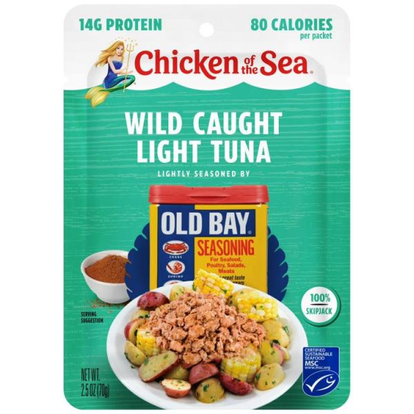 チキン・オブ・ザ・シー OLD BAY シーズニング入り ツナは、人気のOLD BAYシーズニングで味付けした、風味豊かな天然まぐろのパウチタイプです。 スパイスの効いた爽やかな味わいがまぐろの旨みを引き立て、そのままでもおいしくお召し上が...