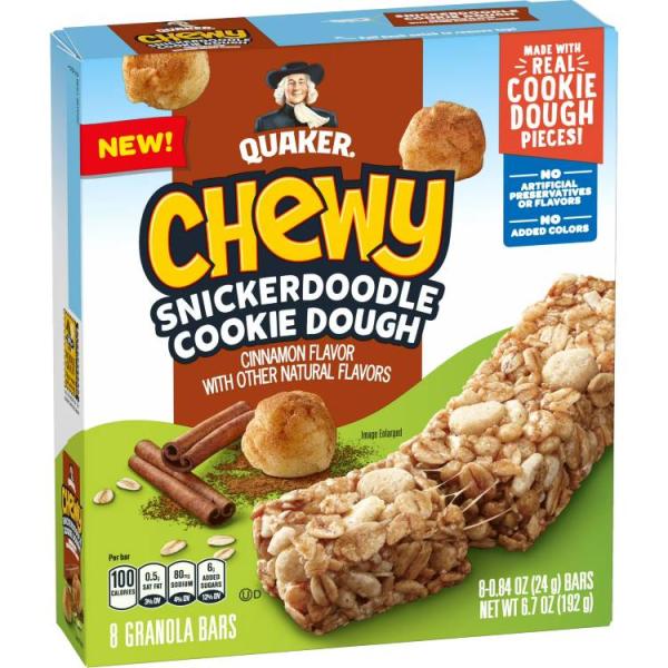 クエーカー チューイー グラノーラバー スニッカードゥードルは、クッキーのような甘い香りが楽しめる、もちもち食感のスナックバーです。全粒穀物10gを使用し、スニッカードゥードル風味のクッキードウピースを加えて、食感のアクセントも楽しめます。...