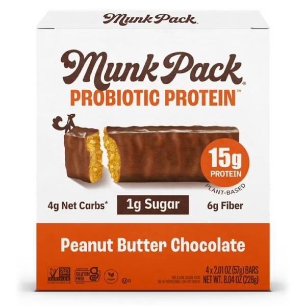 MUNK PACK プロバイオティック プロテインバー ピーナッツバターチョコレート味4本入りで、1本あたり植物由来たんぱく質15gと食物繊維6g、1億CFUのプロバイオティクスを配合したバーです。総糖質1gの低GI・ケトフレンドリーなグル...