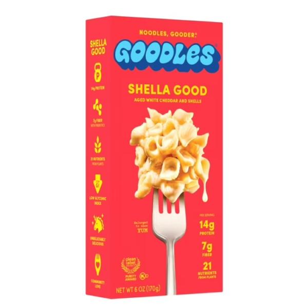 Shella Goodは熟成ホワイトチェダーチーズソースとシェル型パスタを組み合わせたGOODLESのマック＆チーズで、タンパク質とプレバイオティクス入り食物繊維、植物由来の栄養素を含む設計です。ミッドウエスト産チーズを使用し、非遺伝子組み...