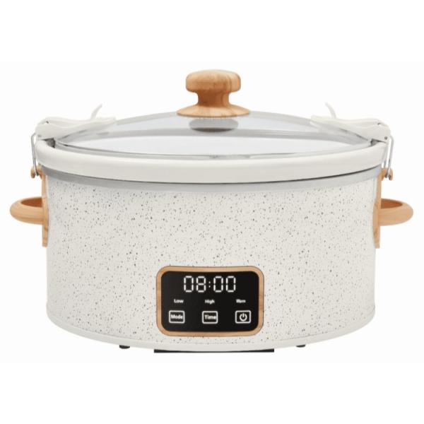 【商品名】6クォート デジタルスロークッカー ロッキングリッド リネンスペックル【容量】6クォート（約5.7L）【デザイン】リネンスペックル柄 × ウッドグレイン調装飾 × ステンレスハウジング【機能】デジタルタッチスクリーンで時間・温度を...