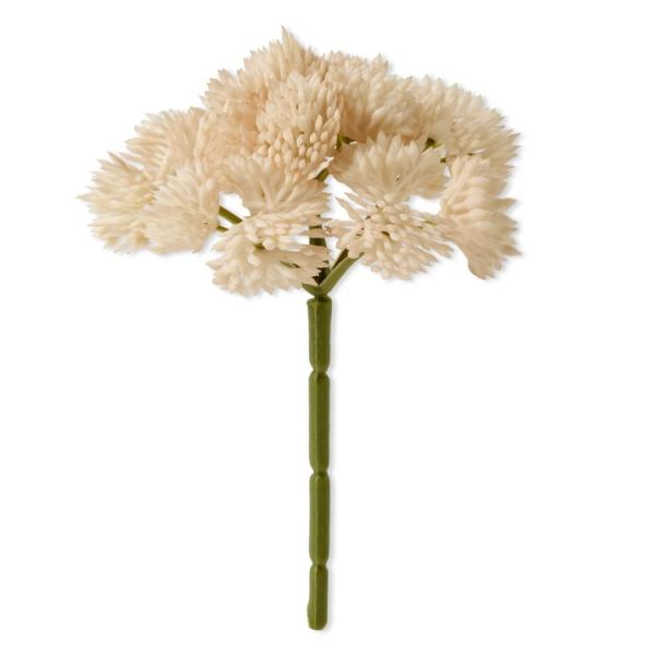 ホワイトのセダム人工多肉植物ピック約12.7cm 1本入り。ソフトタッチデザインで、立体感のある本物のような見た目を演出します。茎の中に丈夫で曲げられるワイヤーが入っており、アレンジしやすい仕様です。