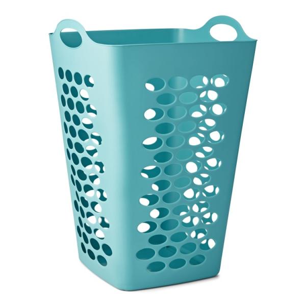 ランドリーバスケット。丈夫なプラスチック製。持ち運びしやすい成形ハンドル付き。使用していないときは元の形に戻る柔軟性があります。オープントップと通気用の穴付き。スクエア型。サイズ：17×12×26インチ。ティールカラー展開。
