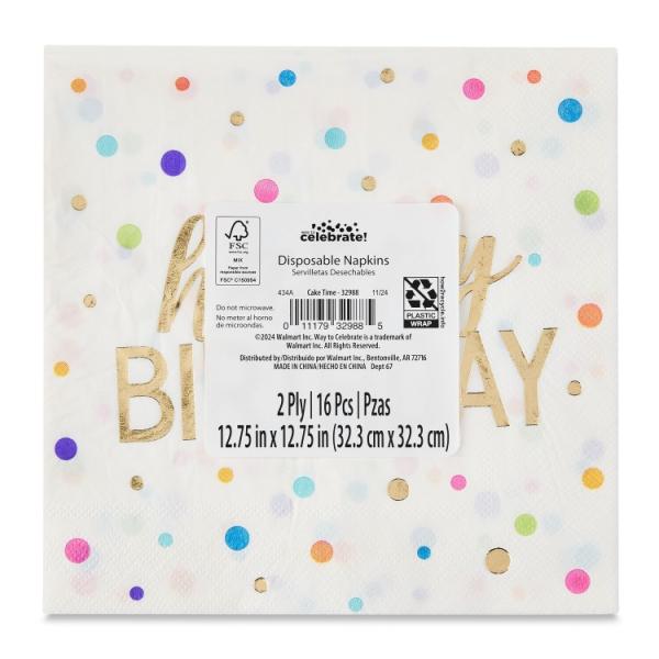 Way To Celebrate 6.5×6.5インチ 使い捨て ゴールド＆ホワイト ハッピーバースデー ペーパーナプキン 20枚入り。ホワイトの背景に、ゴールド箔の「Happy Birthday」文字と、ブルー、ピンク、オレンジ、箔押しゴ...
