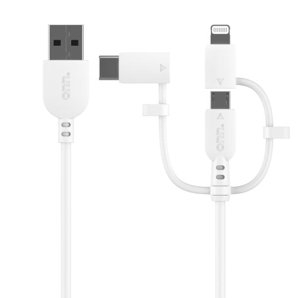 onn Micro-USB／Lightning／USB-Cケーブル、約1.8m、ホワイト。Micro-USB、Lightning、USB-Cの3種類の端子を備えた3-in-1デザインです。約1.8mの長さでゆとりを持って使えます。Apple...