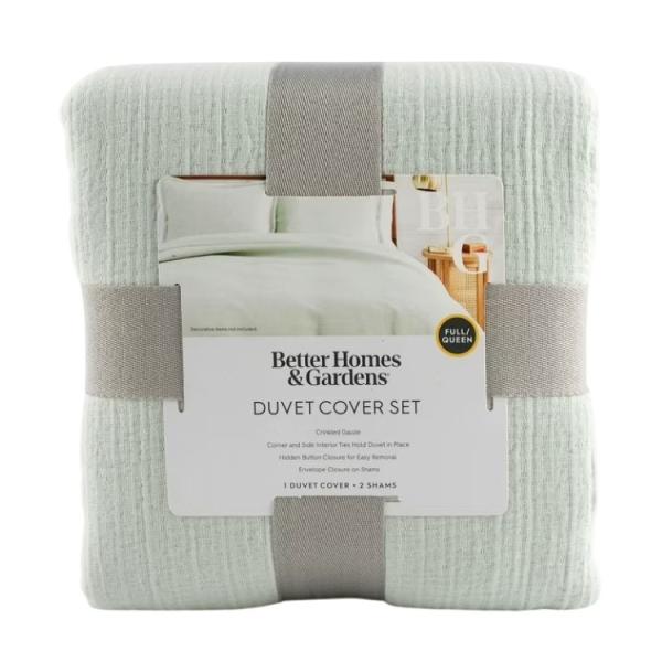 Better Homes &amp; Gardens 3点 セージグリーン クリンクルガーゼ デュベセット。クイーンサイズ：デュベカバー 92インチ×90インチ、シャム2枚 20インチ×26インチ。隠しボタン留め。中材：なし。インサートは別...