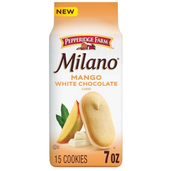 ペパリッジファーム ミラノ ホワイトチョコレート マンゴー フレーバークッキー 198g。繊細なクッキーの間に、甘くクリーミーなホワイトチョコレートとマンゴー風味を閉じ込めたミラノシリーズです。上品でなめらかな口あたりが特長で、特別なひとと...